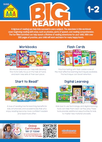 School Zone - Big Reading 1-2 Workbook - 320 Pages, Ages 6 to 8, 1st Grade, 2nd Grade, Story Order, Parts of Speech, Comprehension, Phonics, Vowels, and More (School Zone Big Workbook Series)