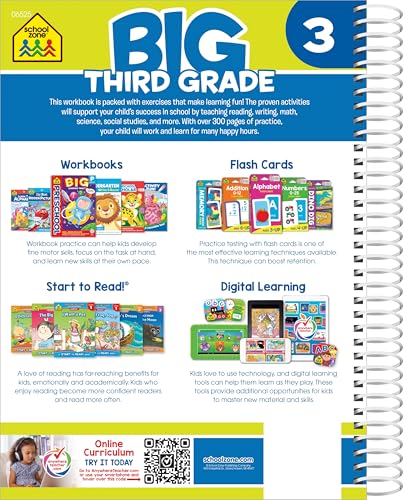 School Zone - Big Third Grade Workbook - 320 Spiral Pages, Ages 8 to 9, 3rd Grade, Reading, Writing, Math, Science, History, Social Science, and More (Big Spiral Bound Workbooks)