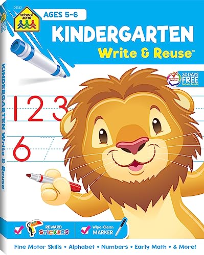 School Zone - Kindergarten Write & Reuse Workbook - Ages 5 to 6, Spiral Bound, Write-On Learning, Wipe Clean, Includes Dry Erase Marker, Early Math, and More (School Zone Write & Reuse Workbook)