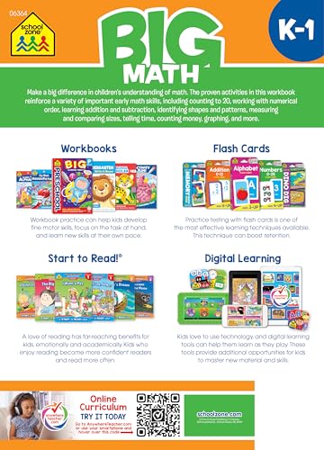 School Zone Big Math Workbook for Kindergarten & 1st Grade: Numbers, Addition, Subtraction, Shapes, Patterns, Graphs, Time, Money, and More (Big Workbook)