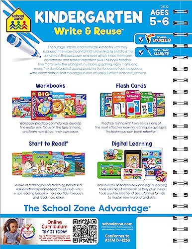 School Zone - Kindergarten Write & Reuse Workbook - Ages 5 to 6, Spiral Bound, Write-On Learning, Wipe Clean, Includes Dry Erase Marker, Early Math, and More (School Zone Write & Reuse Workbook)