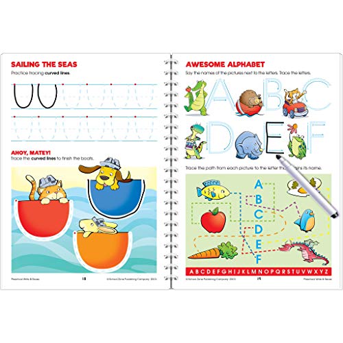 School Zone Write & Reuse Workbook for Preschool: Reusable Wipe-Clean Spiral Bound Learn and Practice Writing Book, Dry Erase Marker, ABC’s, Shapes, and More