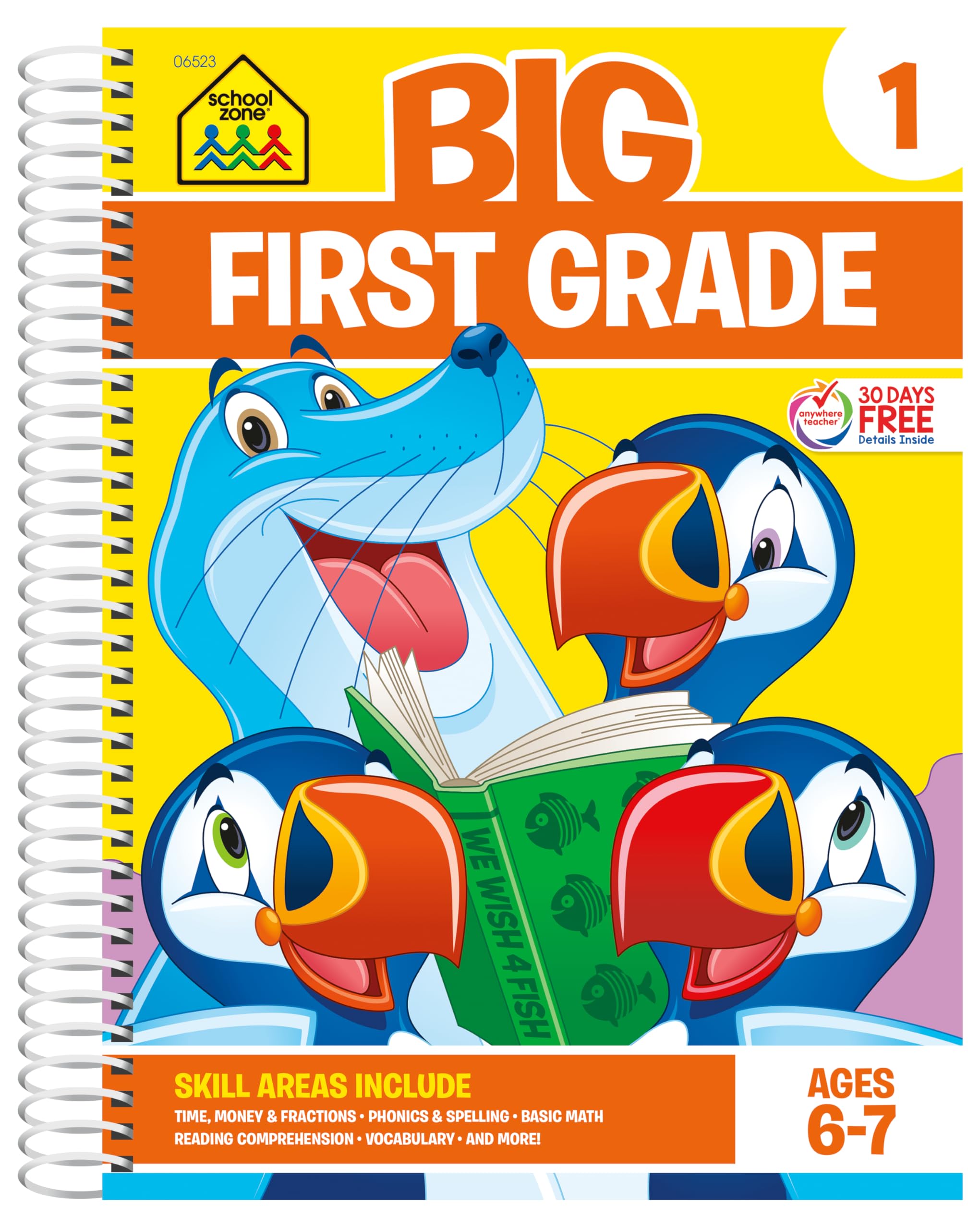 School Zone - Big First Grade Workbook - 320 Spiral Pages, Ages 6 to 7, 1st Grade, Reading, Parts of Speech, Basic Math, Word Problems, Time, Money, Fractions, and More (Big Spiral Bound Workbooks)