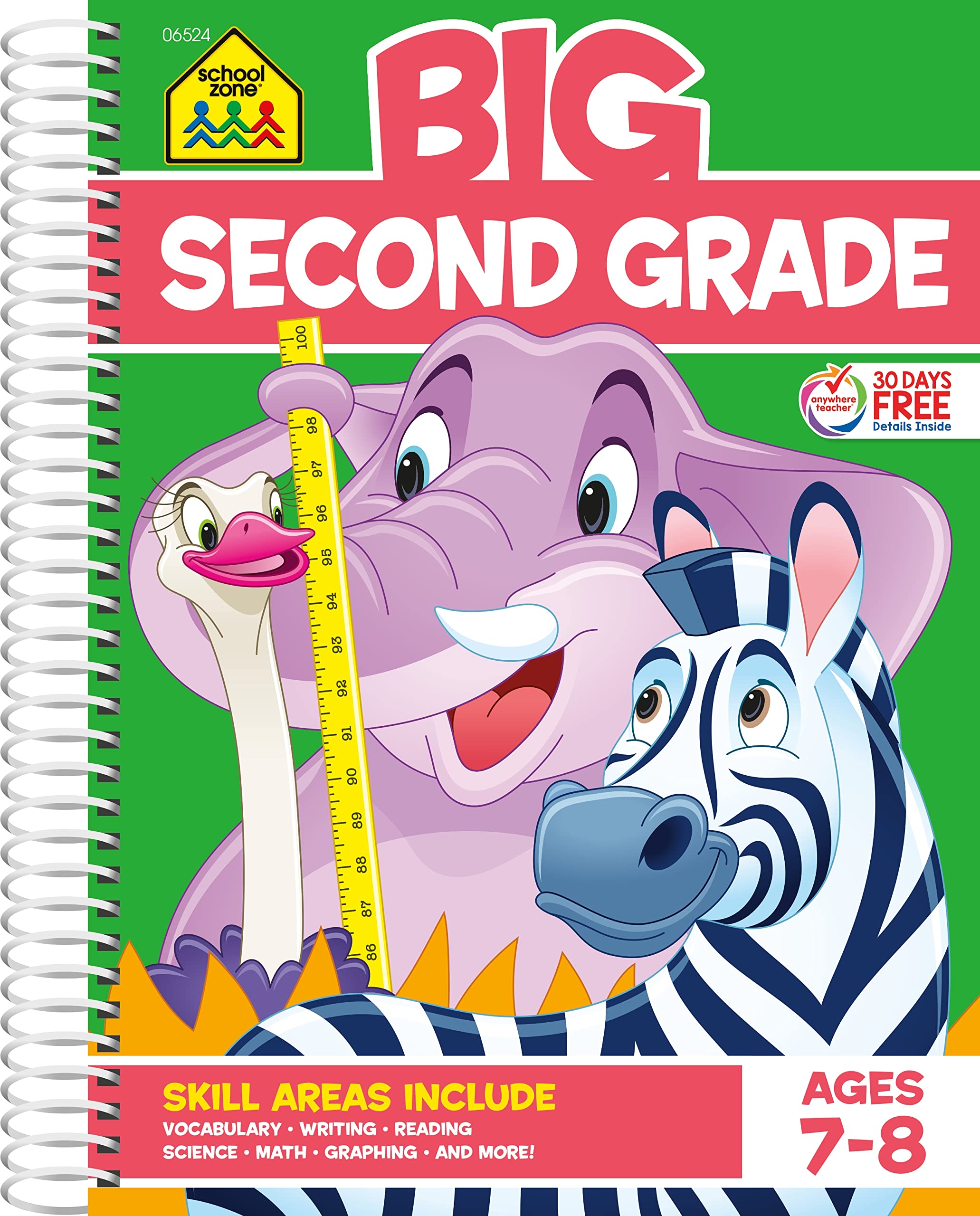 School Zone - Big Second Grade Workbook - 320 Spiral Pages, Ages 7 to 8, 2nd Grade, Word Problems, Reading Comprehension, Phonics, Math, Science, and More (Big Spiral Bound Workbooks)