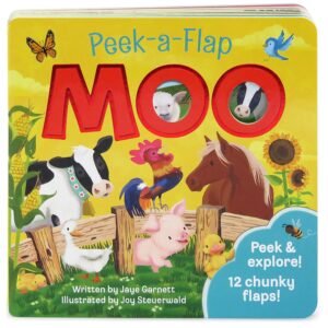 moo: peek-a-flap children's board book