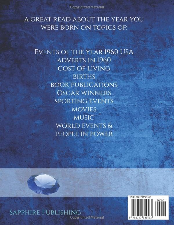 The Year You Were Born 1960 USA: 93 page A4 1960 USA yearbook full of interesting facts about the year you were born including topics on: The Cost of ... Music, Book Publications and People in Power.