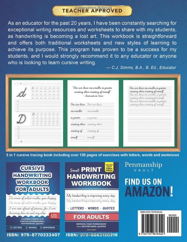 Cursive Handwriting Workbook for Teens: Learning Cursive with Inspirational Quotes for Young Adults, 3 in 1 Cursive Tracing Book Including over 130 Pages of Exercises with Letters, Words and Sentences