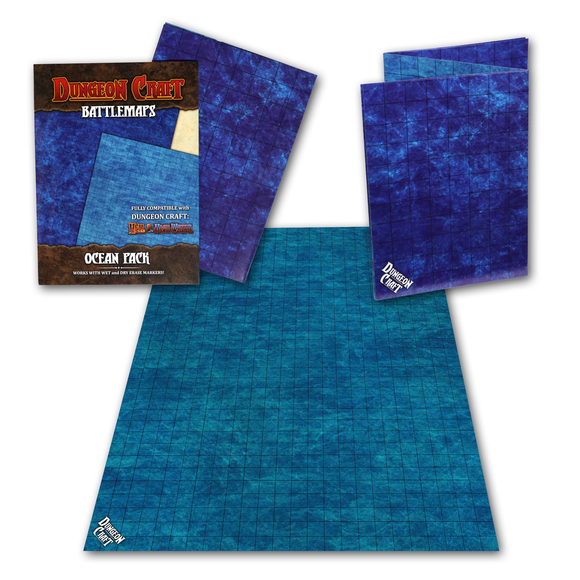 DUNGEON CRAFT Battlemaps Board Game, Battle Mat for Dungeons and Dragons, Double-Sided Gloss Laminated DND Mat, Wet and Dry Erase Board, Table Top Games (Ocean Pack, 24"x33"/1" Grid)