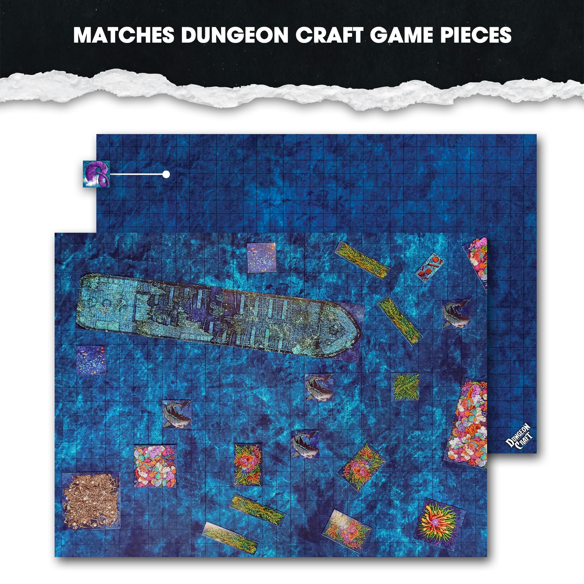 DUNGEON CRAFT Battlemaps Board Game, Battle Mat for Dungeons and Dragons, Double-Sided Gloss Laminated DND Mat, Wet and Dry Erase Board, Table Top Games (Ocean Pack, 24"x33"/1" Grid)