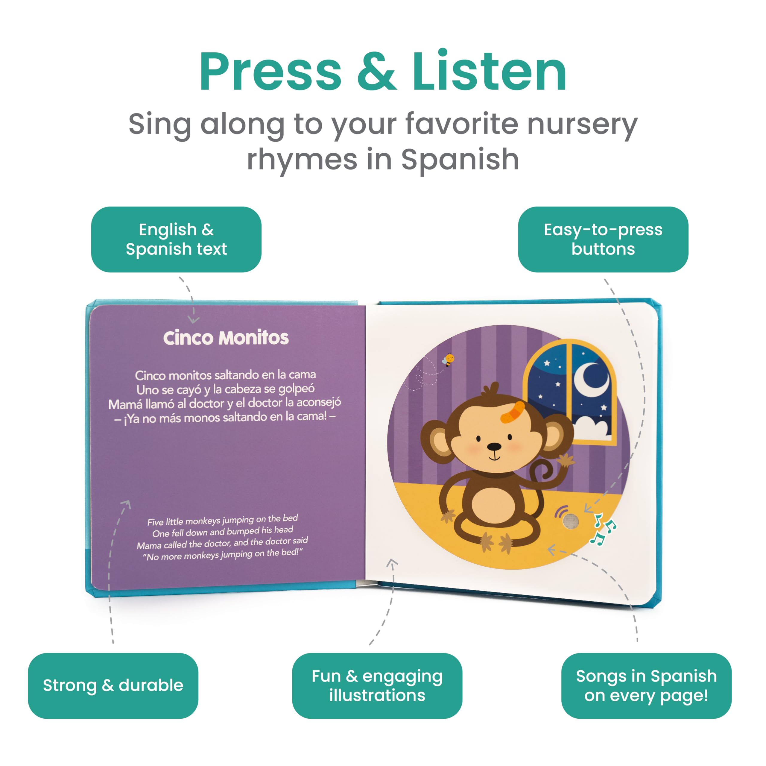 Binibi Spanish Musical Book for Toddlers 1-3 Estrellita ¿Dónde Estás? & Other Nursery Rhymes | Spanish Learning for Kids | Bilingual Children's Book | Sound Book | Libro en español para bebés