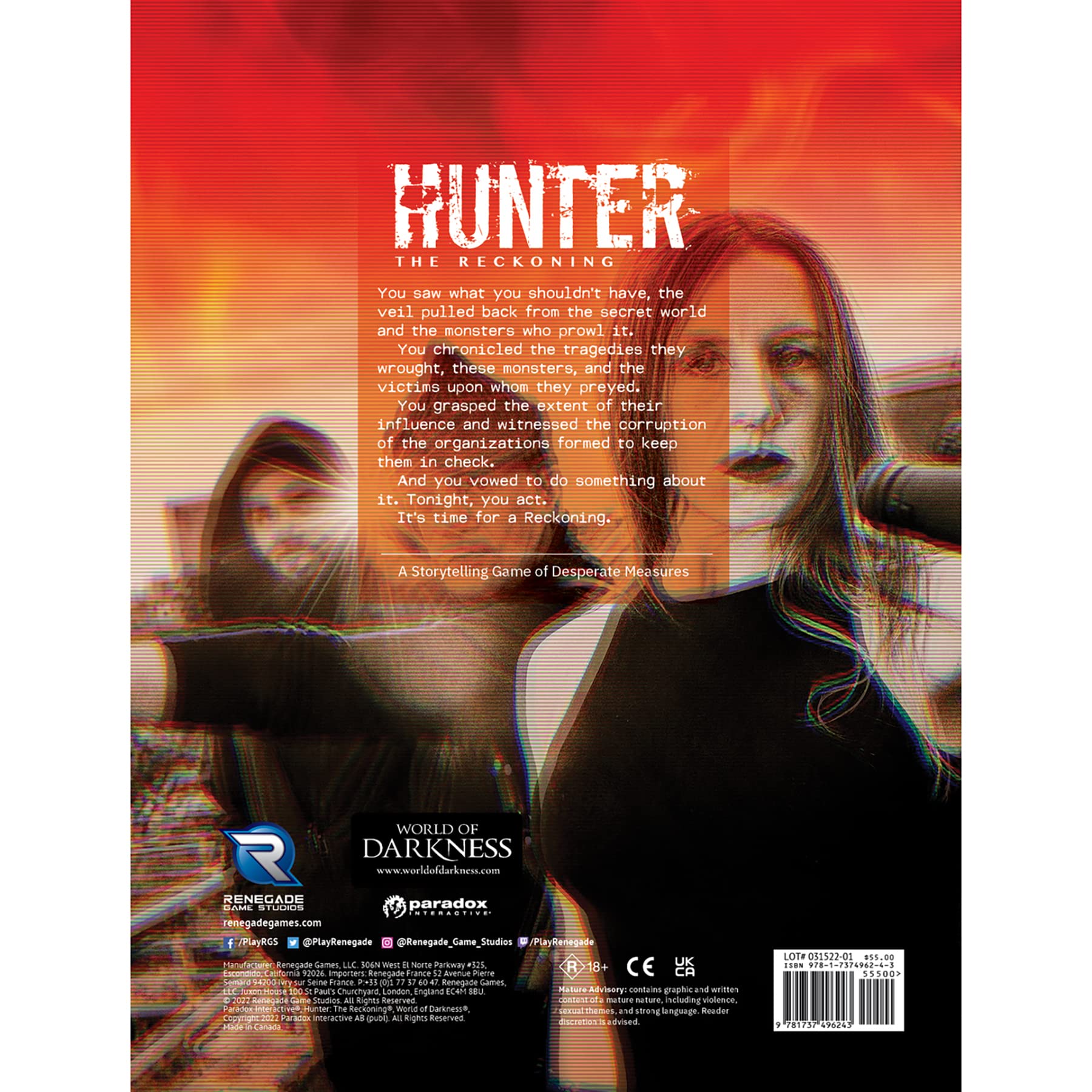 Renegade Game Studios Hunter: The Reckoning 5th Edition Roleplaying Game Core Rulebook. Hardback Full Color RPG Book