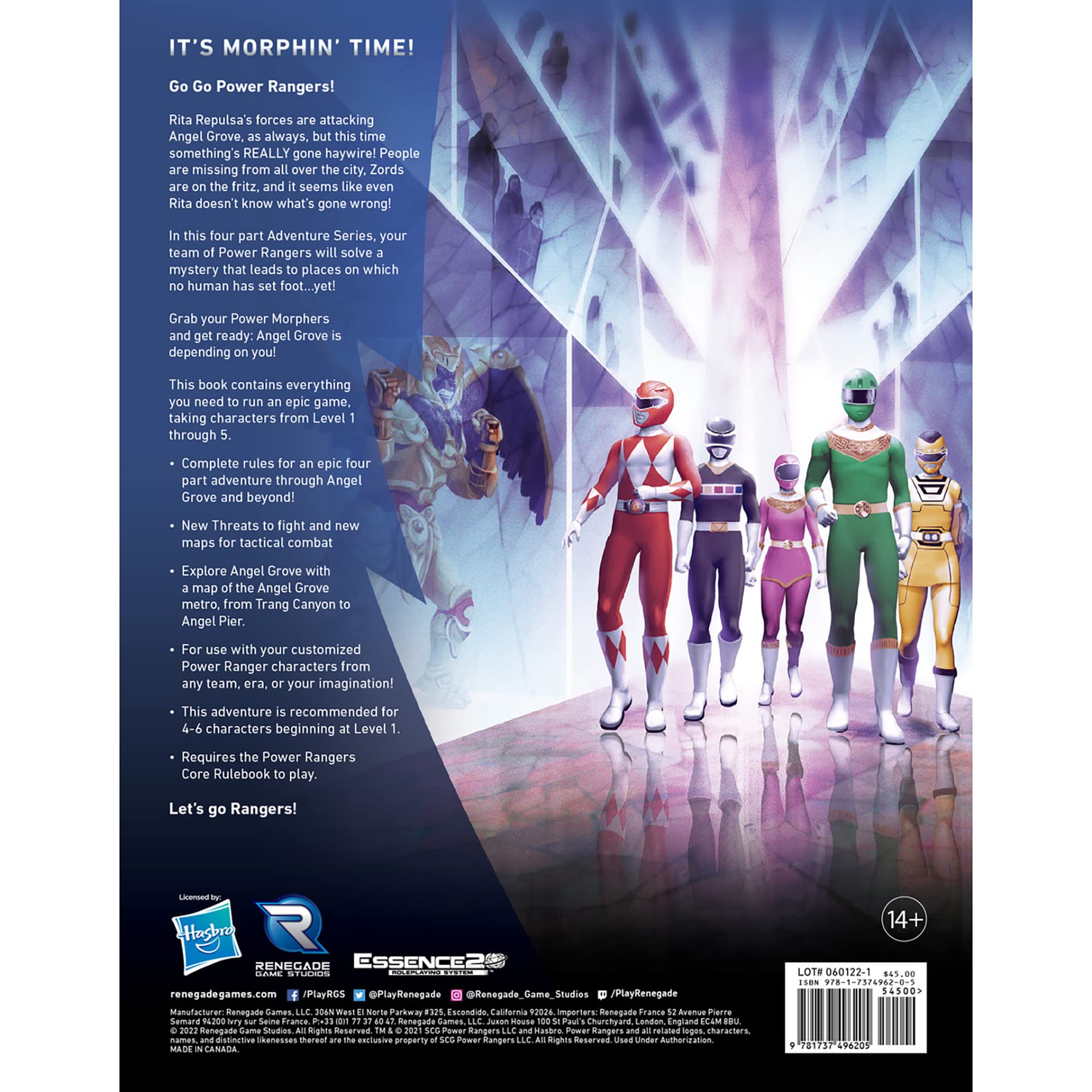 Renegade Game Studios Power Rangers Roleplaying Game: Adventures in Angel Grove - Adventure Book, Hardcover Guide Requires Core Rulebook to Play, Levels 1 to 5, 4-7 Roleplayers