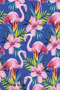 address book: for contacts, addresses, phone, email, note,emergency contacts,alphabetical index with tropical flamingo on blue