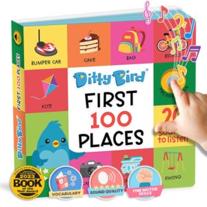 ditty bird talking books 100 places | 100 words for vocabulary & speech learning | sound books for toddlers 1-3 | children's interactive toddler books with great pictures | sturdy baby sound books