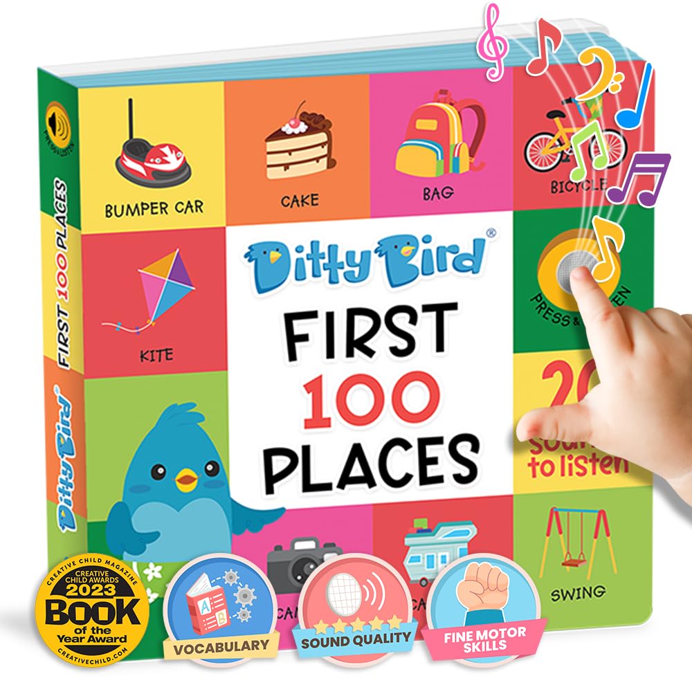 Ditty Bird Talking Books 100 Places | 100 Words for Vocabulary & Speech Learning | Sound Books for Toddlers 1-3 | Children's Interactive Toddler Books with Great Pictures | Sturdy Baby Sound Books