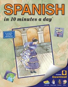 spanish in 10 minutes a day: language course for beginning and advanced study. includes workbook, flash cards, sticky labels, menu guide, software, ... grammar. bilingual books, inc. (publisher)