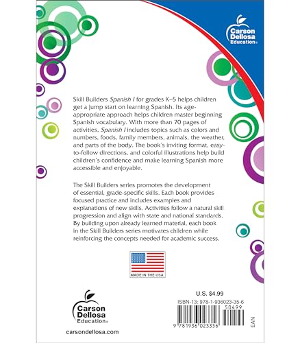 Carson Dellosa Skill Builders Grades K–5 Spanish Workbook for Kids, Spanish Vocabulary Builder for Kids Ages 5-11, Kindergarten―5th Grade Workbook, Learn Spanish Numbers, Alphabet, Vocabulary & More