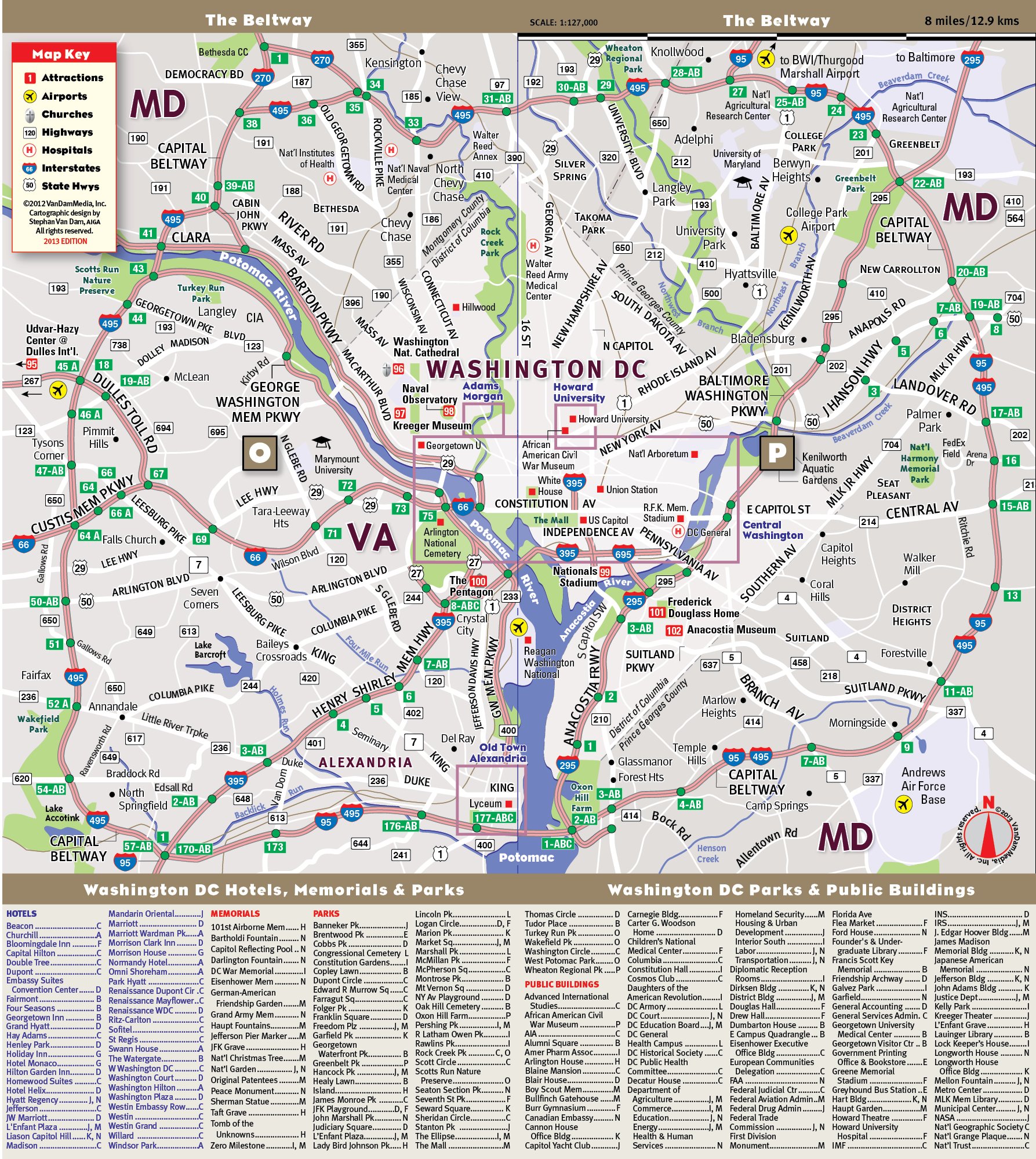 StreetSmart Washington DC by VanDam -- Laminated City Street pocket map with all museums, sights, monuments, government buildings and hotels plus Metro Map, 2021 Edition Map