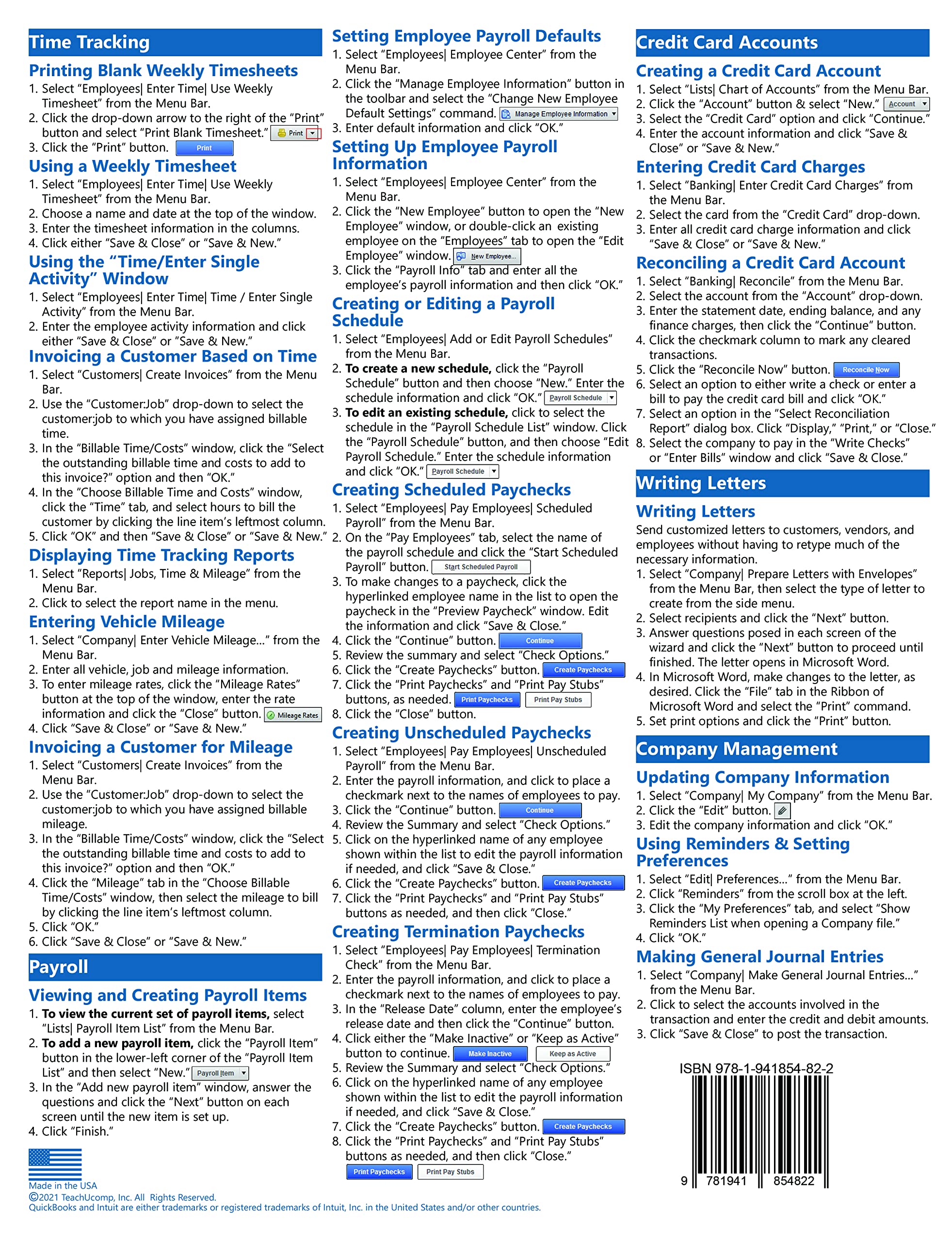 QuickBooks Desktop Pro 2022 Quick Reference Training Card - Laminated Tutorial Guide Cheat Sheet (Instructions and Tips)