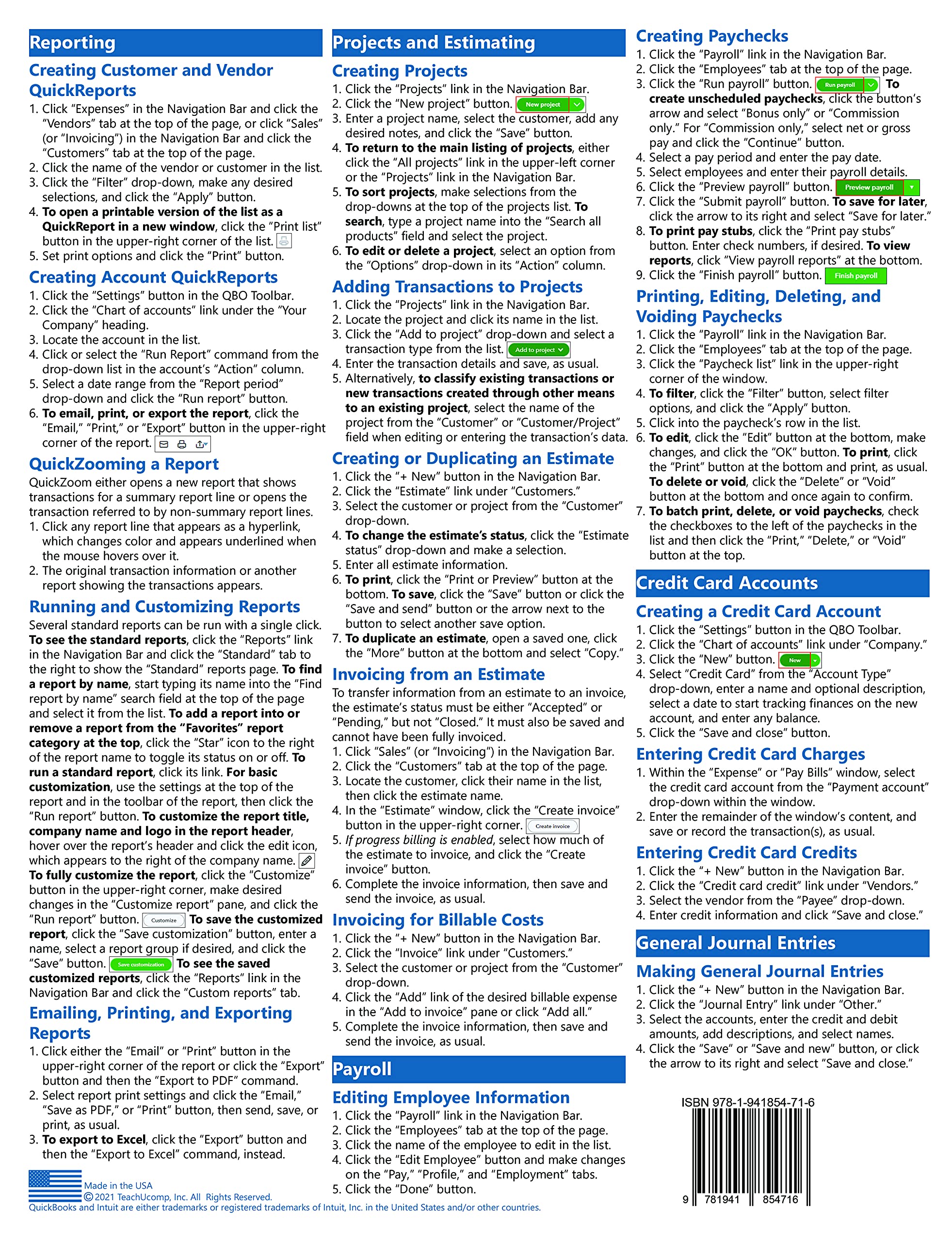 QuickBooks Online Quick Reference Training Card - Laminated Tutorial Guide Cheat Sheet (Instructions and Tips)