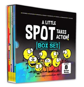 a little spot takes action! 8 book box set (books 9-16: kindness, responsibility, patience, respect, honesty, organization, diversity, & safety)