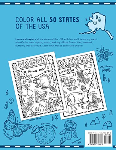 The United States of America Coloring Book: Fifty State Maps with Capitals and Symbols like Motto, Bird, Mammal, Flower, Insect, Butterfly or Fruit