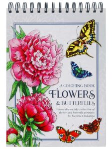 flowers and butterflies coloring book for adults: 25 beautiful hand-drawn inky flower and butterfly portraits on thick artist paper with a spiral binding in hardback - travel size coloring book