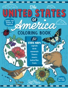 the united states of america coloring book: fifty state maps with capitals and symbols like motto, bird, mammal, flower, insect, butterfly or fruit