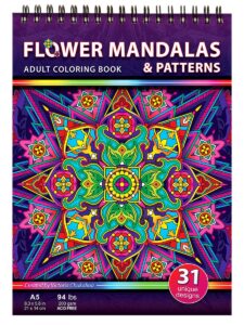 flower mandalas and patterns. travel size coloring book for adults on thick artist paper with a spiral binding on the top