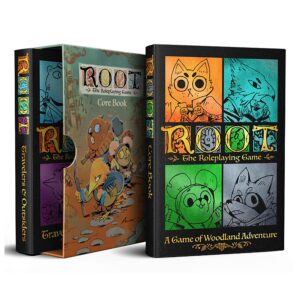 deluxe set root: the rpg - core book & travelers & outsiders, hardcover rulebook & expansion, full-color, original art by kyle ferrin, silk bookmarks, foil-stamped covers, hard slipcase included.