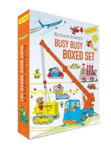 richard scarry's busy busy boxed set: busy busy airport; busy busy cars and trucks; busy busy construction site; busy busy farm (richard scarry's busy busy board books)