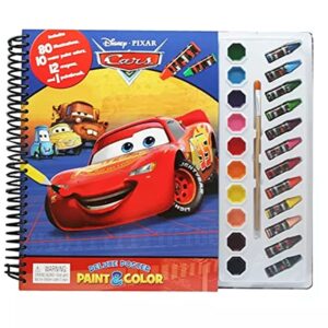 disney / pixar cars deluxe poster paint & color - coloring book for kids, 80 illustrations, 10 watercolor paints, 12 crayons, 1 paint brush