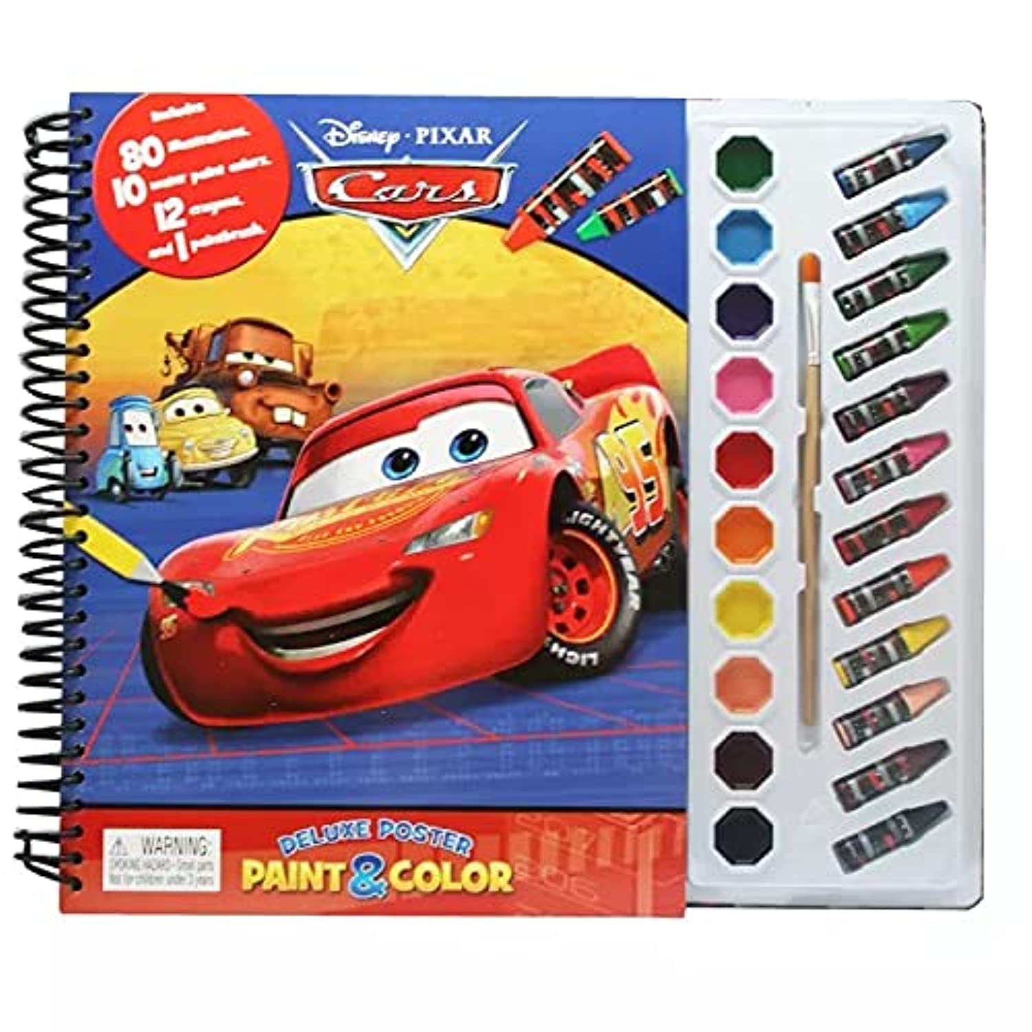 Disney / Pixar Cars Deluxe Poster Paint & Color - Coloring Book for kids, 80 illustrations, 10 watercolor paints, 12 crayons, 1 paint brush