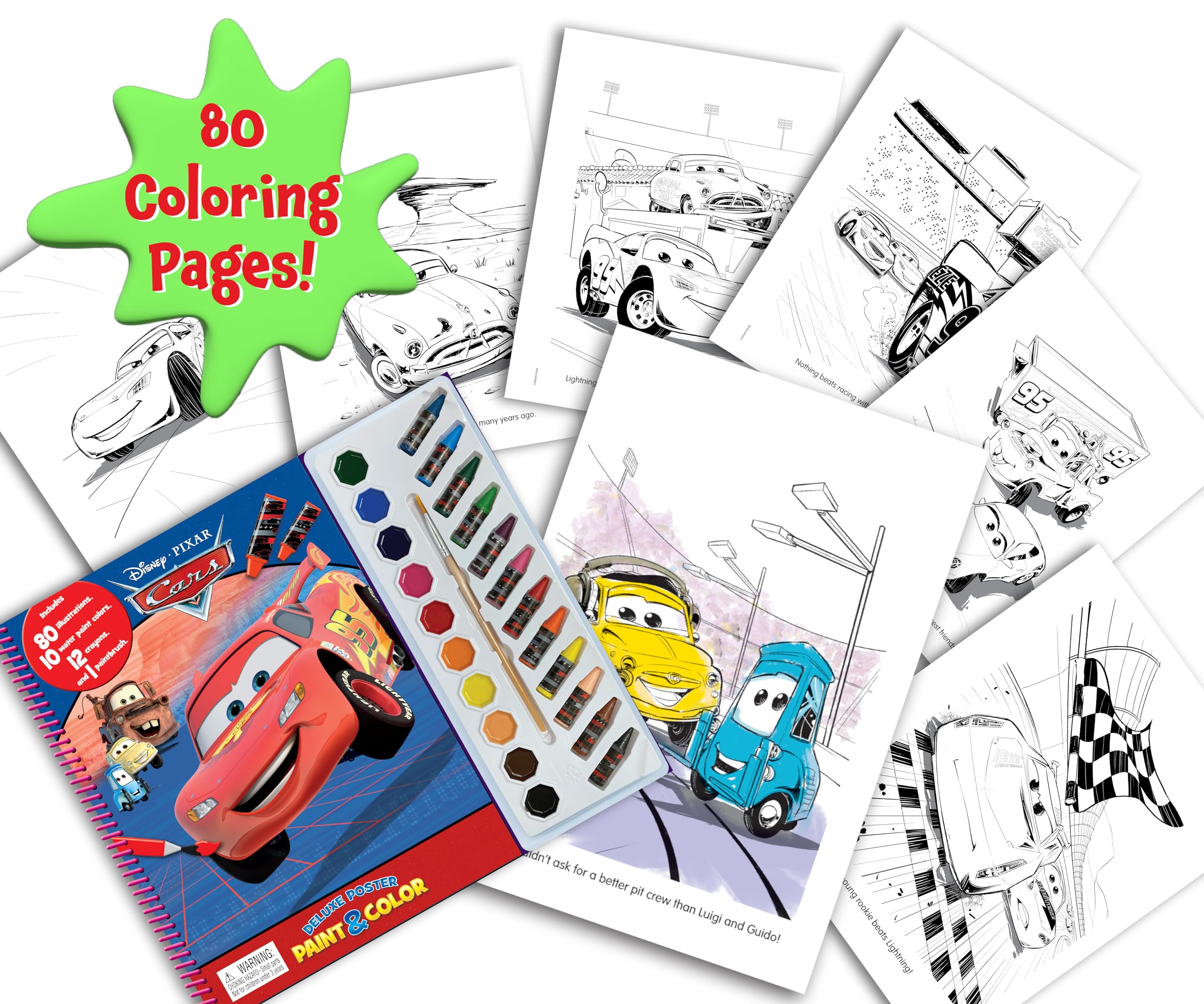 Disney / Pixar Cars Deluxe Poster Paint & Color - Coloring Book for kids, 80 illustrations, 10 watercolor paints, 12 crayons, 1 paint brush