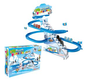 arsuk playful penguin race game, roller coaster musical toy track playset with music & led flashing lights on/off button for toddlers and kids gift