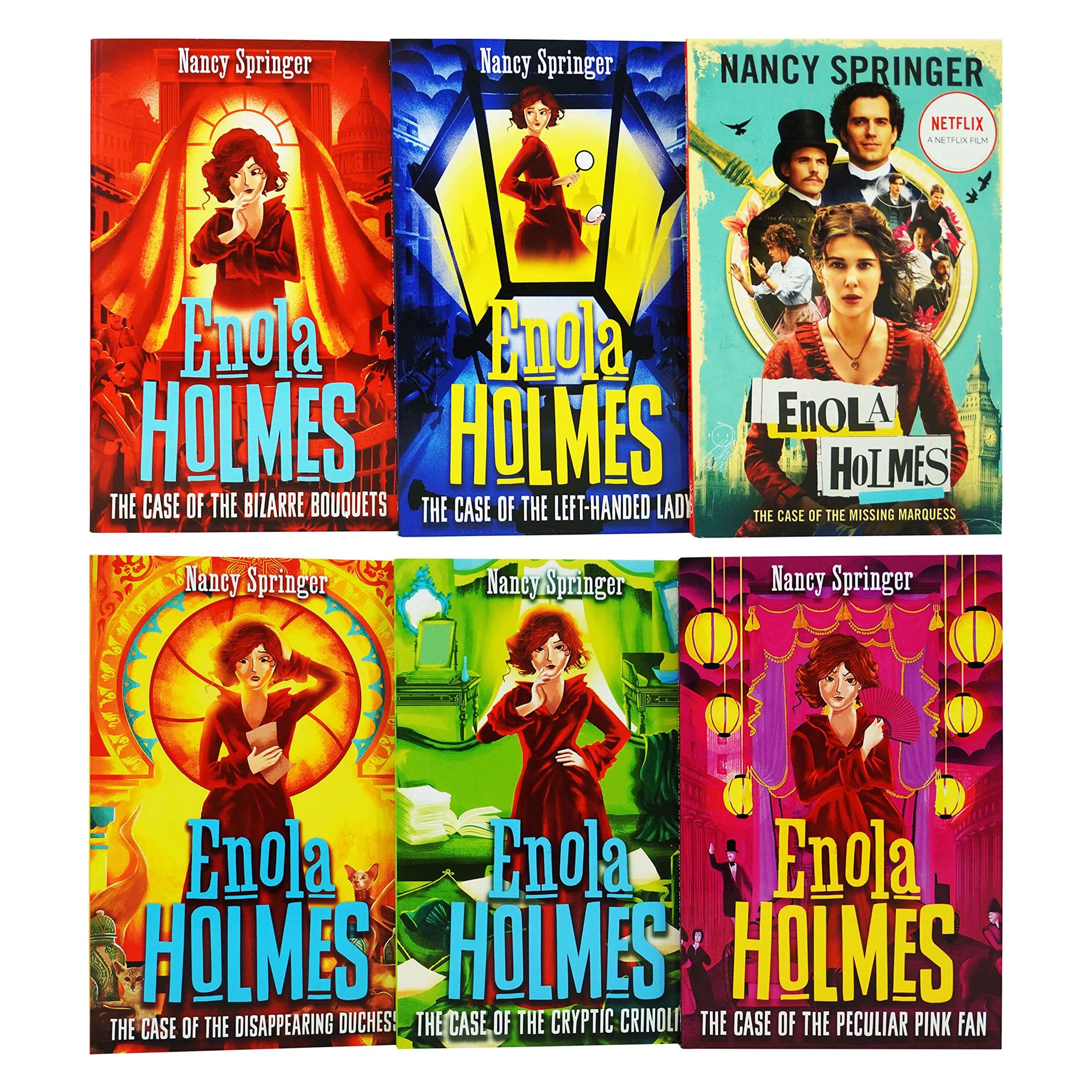 Enola Holmes Mystery Series 6 Books Collection Set Nancy Springer (The Case of the Missing Marquess, Left-Handed Lady, Bizarre Bouquets, Peculiar Pink Fan, Cryptic Crinoline, Gypsy Goodbye)