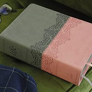 NIV, Life Application Study Bible, Third Edition, Large Print, Leathersoft, Gray/Pink, Red Letter, Thumb Indexed