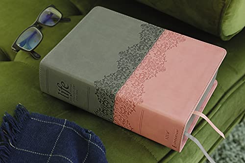 NIV, Life Application Study Bible, Third Edition, Large Print, Leathersoft, Gray/Pink, Red Letter, Thumb Indexed