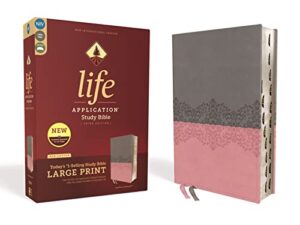 niv, life application study bible, third edition, large print, leathersoft, gray/pink, red letter, thumb indexed