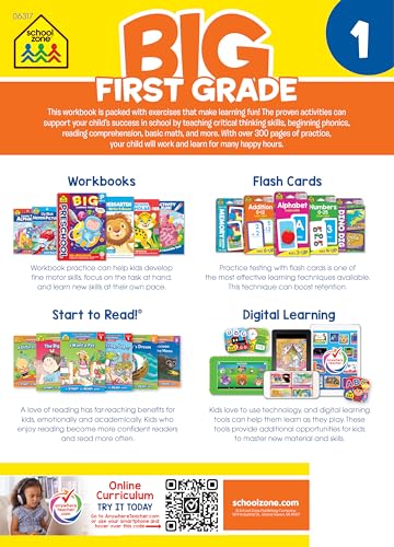 School Zone Big First Grade Workbook: 320 Pages, Ages 6 to 7, 1st Grade, Reading Comprehension, Phonics, Spelling, Vocabulary, Basic Math, Time, Money, Fractions, and More