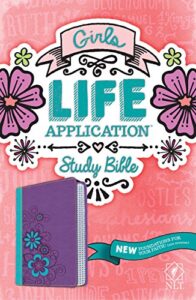 tyndale nlt girls life application study bible, tutone (leatherlike, purple/teal), nlt bible with over 800 notes and features, foundations for your faith sections