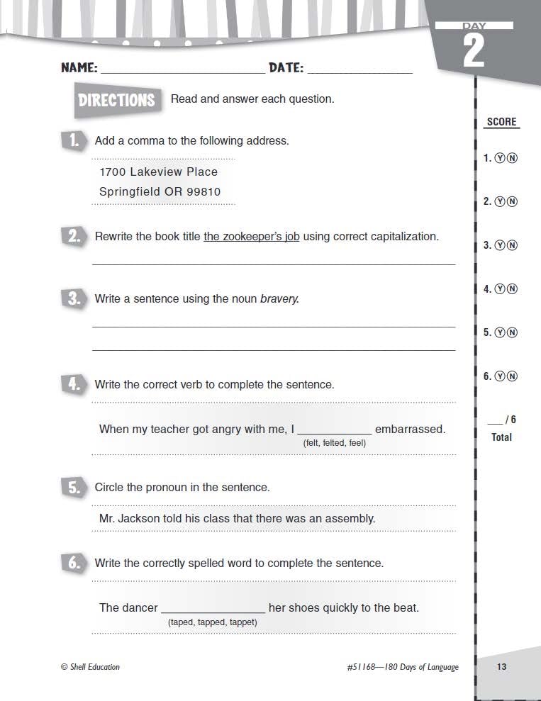 Shell Education 180 Days of Language for Third Grade (180 Days of Practice)