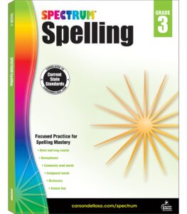 spectrum spelling workbook grade 3, ages 8 to 9, 3rd grade spelling workbook covering phonics, handwriting practice with vowels, consonants, dictionary skills, and more, spelling books for 3rd grade