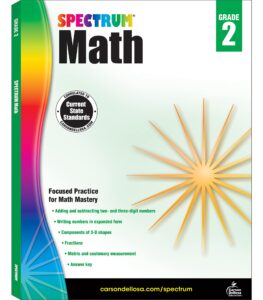 spectrum 2nd grade math workbook, ages 7 to 8, math workbooks grade 2 covering fractions, adding and subtracting 2- and 3-digit numbers, 3-d shapes, and measurement, spectrum grade 2 math workbook