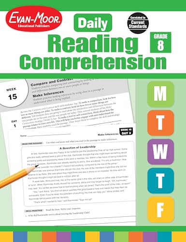 Evan-Moor Daily Reading Comprehension, Grade 8 - Homeschooling & Classroom Resource Workbook, Reproducible Worksheets, Teaching Edition, Fiction and Nonfiction, Lesson Plans, Test Prep