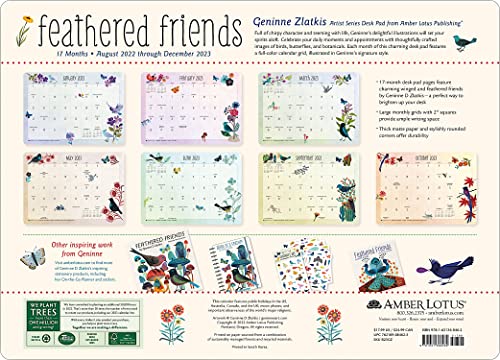 Geninne Zlatkis 2022 - 2023 Desk Pad Monthly Calendar (17-Month Aug 2022 - Dec 2023, 18.75" x 13.5"): Feathered Friends