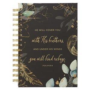 christian art gifts journal w/scripture he will cover you with his feathers psalm 91:4 bible verse teal and gold 192 ruled pages, large hardcover notebook, wire bound