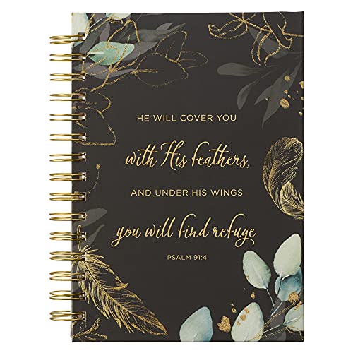 Christian Art Gifts Journal w/Scripture He Will Cover You With His Feathers Psalm 91:4 Bible Verse Teal and Gold 192 Ruled Pages, Large Hardcover Notebook, Wire Bound