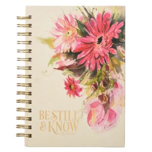 large hardcover journal, be still and know – psalm 46:10, pink & red daisy inspirational wire bound spiral notebook w/192 lined pages, 6” x 8.25”