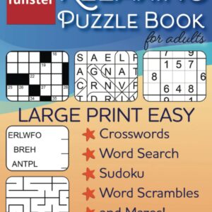 Funster Relaxing Puzzle Book for Adults - Large Print Easy Crosswords, Word Search, Sudoku, Word Scrambles, and Mazes!: The fun activity book for adults with a variety of brain games.